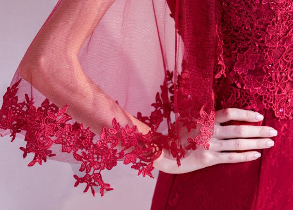 V Neck Mermaid Red Evening Dress With Sleeves Lace Formal Dress