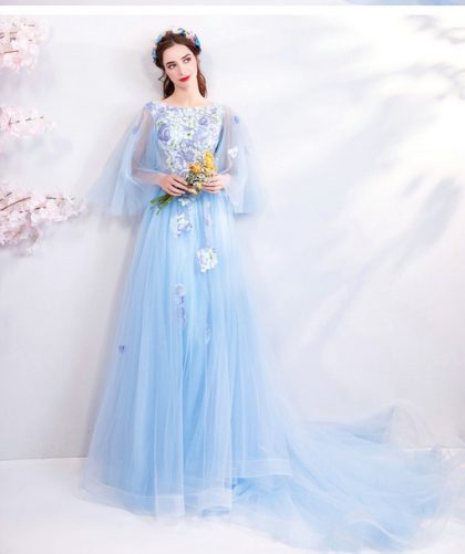 Prom Dress Train Light Blue A Line Evening Dress