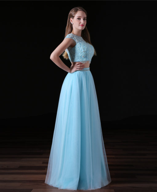 Light Blue Two Piece Prom Dress A Line Long Party Dress