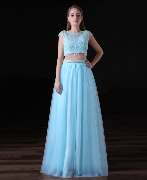 Light Blue Two Piece Prom Dress A Line Long Party Dress