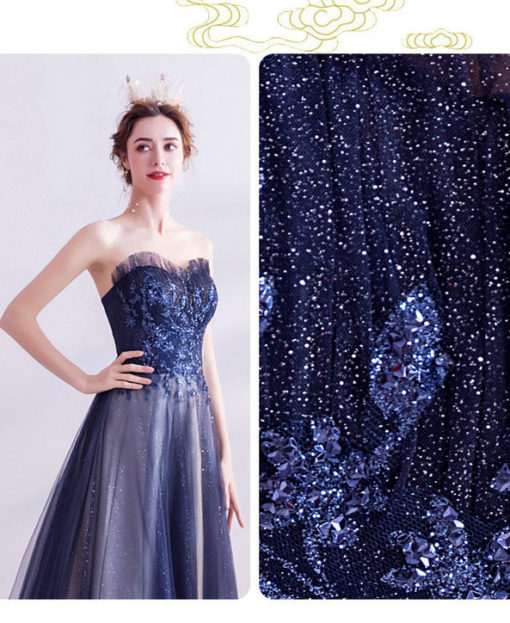 Strapless Blue Prom Dress A Line Evening Dress With Train