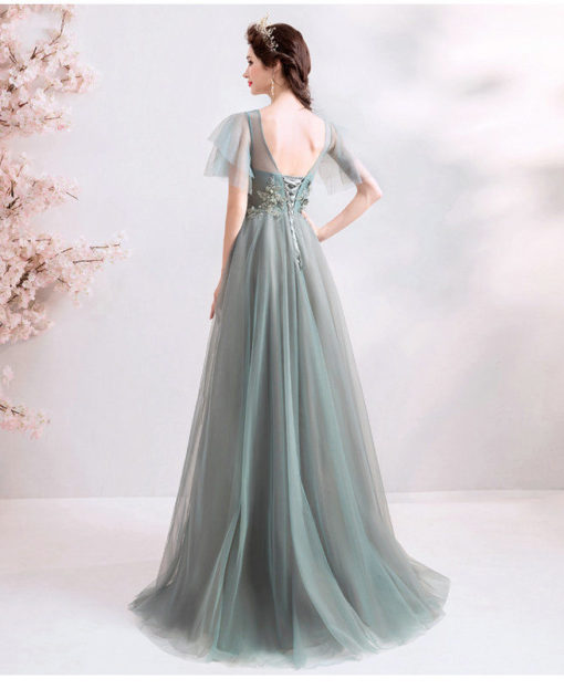 Grey Long Dress V Neck A Line Short Sleeve Prom Dress