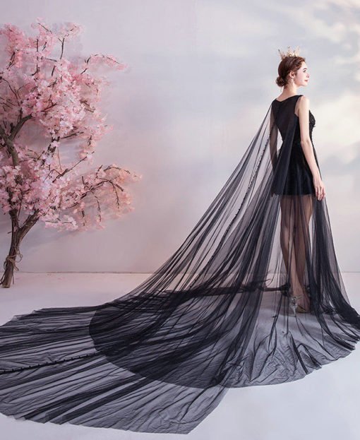 Black Prom Dress With Cape A Line Sleeveless Evening Dress