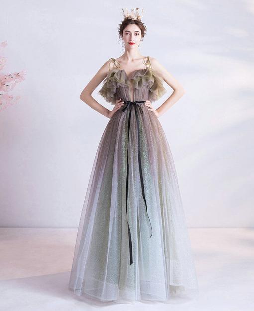 Blue Grey Prom Dress Spaghetti Strap A Line Long Evening Dress