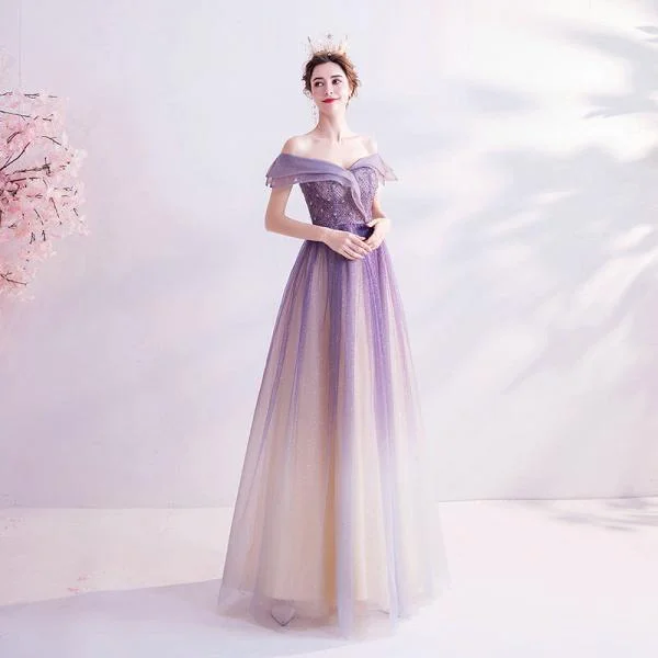 Off Shoulder Formal Dress Purple A Line Long Prom Dress