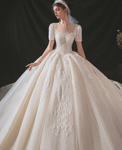 Princess Ball Gown Wedding Dress Short Sleeve Bead Bridal Gown