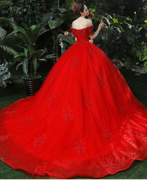 Red Princess Wedding Dress Off The Shoulder Ball Gown