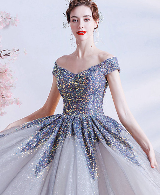 Grey And Blue Prom Dress Off The Shoulder Sparkly Quinceaneara Dress