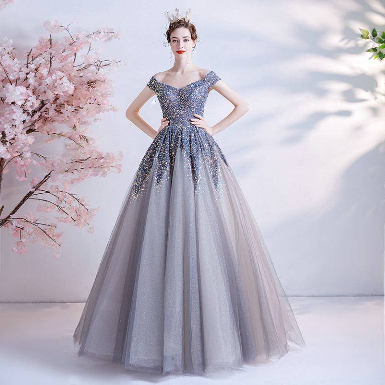 Grey And Blue Prom Dress Off The Shoulder Sparkly Quinceaneara Dress
