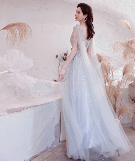 Silver Evening Gown V Neck A Line Cape Sleeve Long Prom Dress