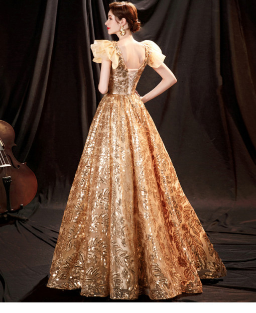 Gold Quinceanera Dress Sequin Bling Lace Ball Gown Prom Dress