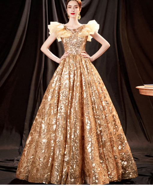 Gold Quinceanera Dress Sequin Bling Lace Ball Gown Prom Dress
