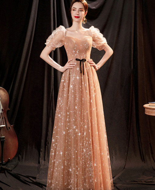 Gold Sweetheart Neckline Dress A Line Star Short Sleeve Prom Dress