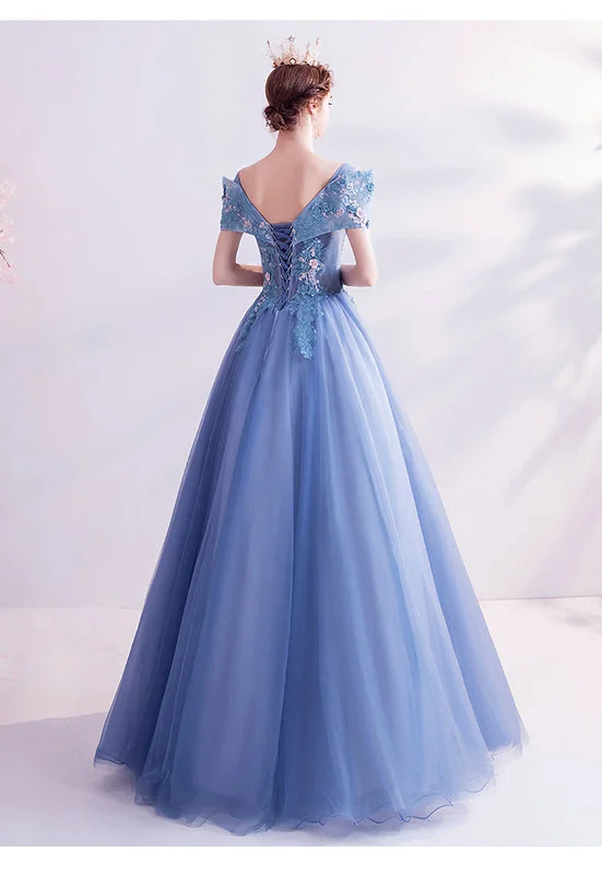 Off The Shoulder Blue Prom Dress With Pink Flowers