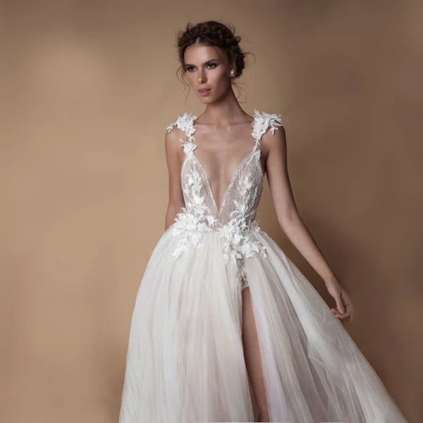 High Slit Wedding Dress V Neck A Line Backless Bridal Dress