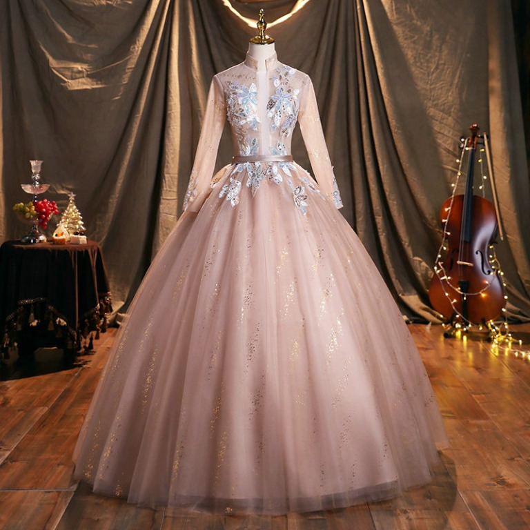 Dusky Pink Ball Gown Long Sleeve High Neck Prom Dress