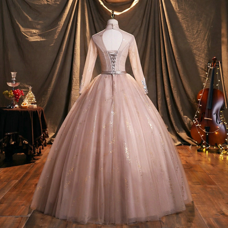 Dusky Pink Ball Gown Long Sleeve High Neck Prom Dress