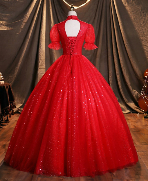 High Neck Red Ball Gown Sparkly Wedding Dress