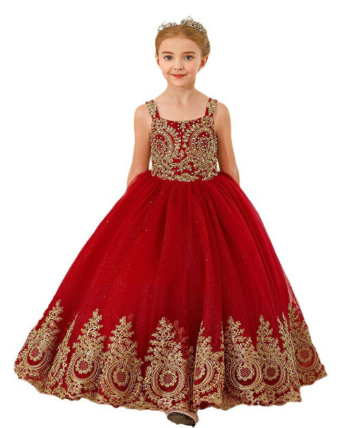 Red And Gold Flower Girl Dresses Birthday Dress For Sale